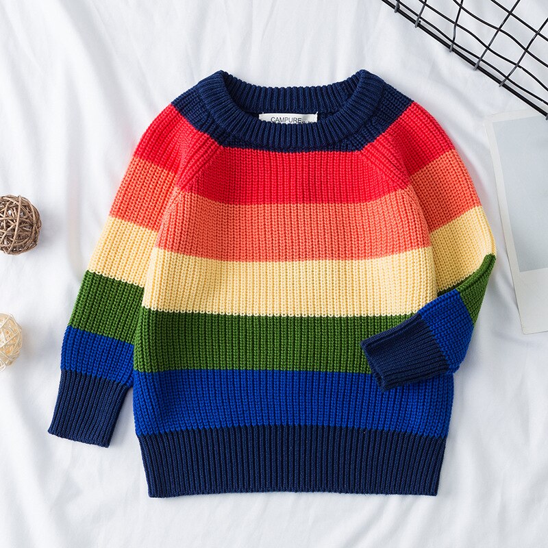 Autumn Winter Children Knitted Sweater Rainbow Str... – Grandado