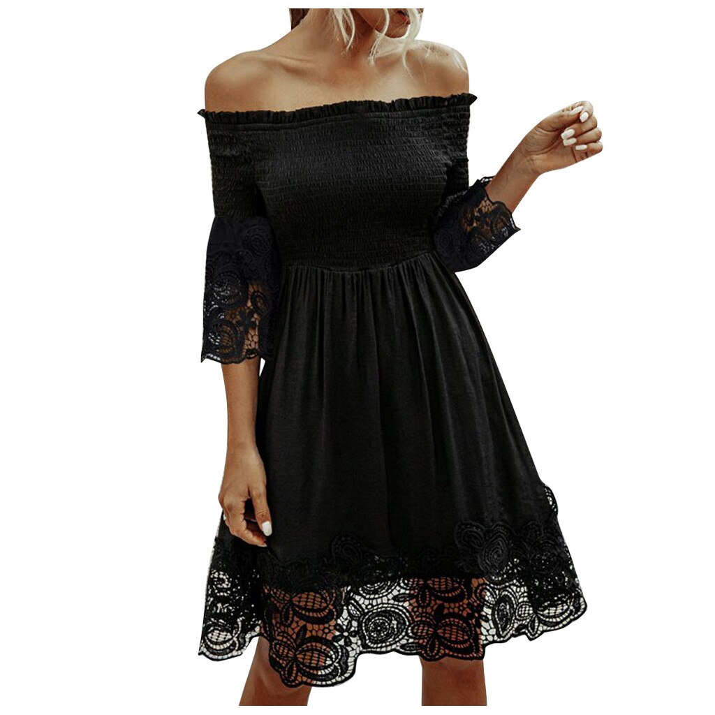 solid color lace mini dress with one shoulders Cas... – Vicedeal