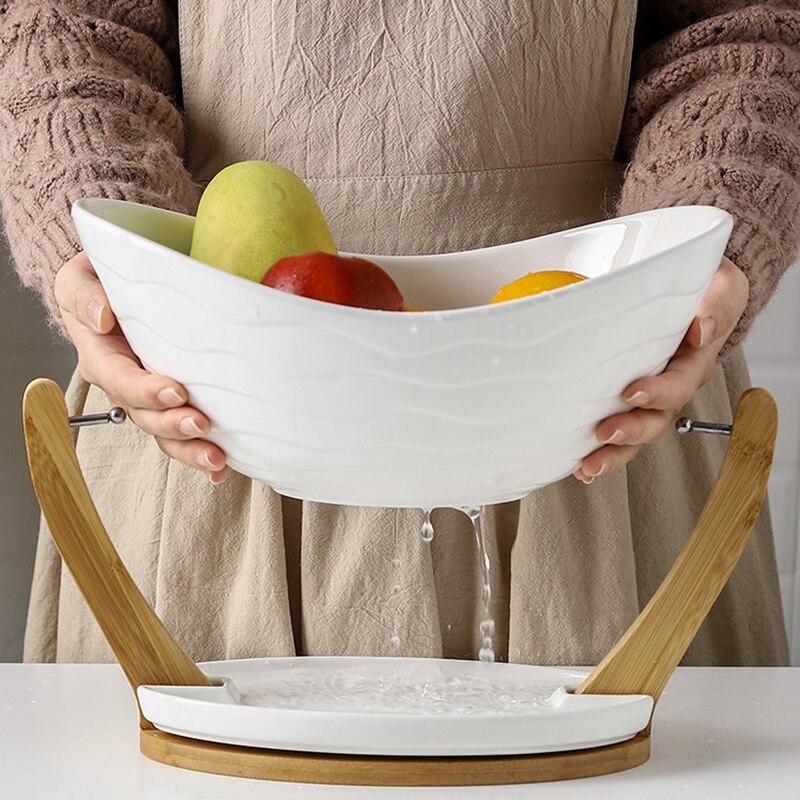 Ceramic Fruit Bowl Wooden Frame Fruit Basket Stand... – Grandado