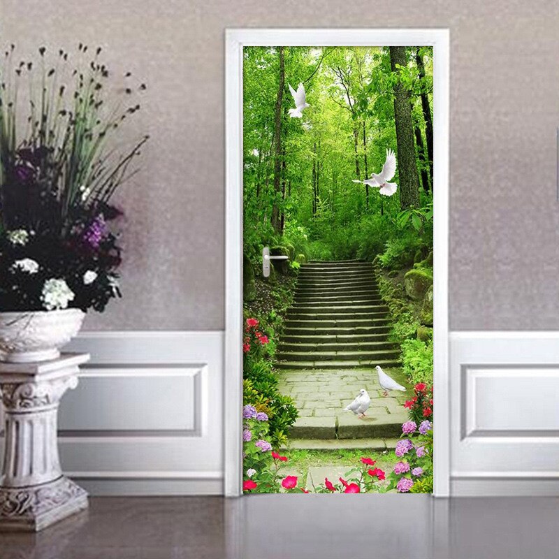 Green Forest Stairs Door Sticker 3D Nature Landsca... – Vicedeal