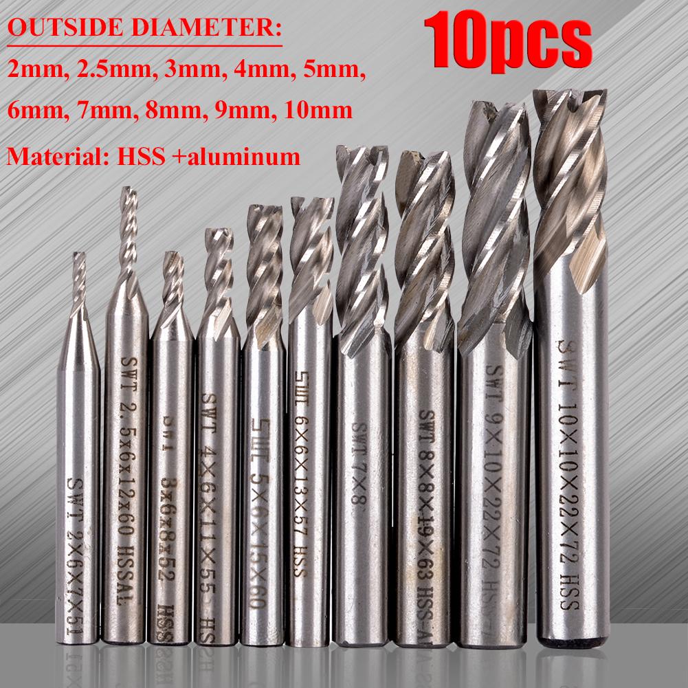 10 Pcs/Set 2-10 Mm HSS Milling Cutter Set 4 Flute ... – Grandado