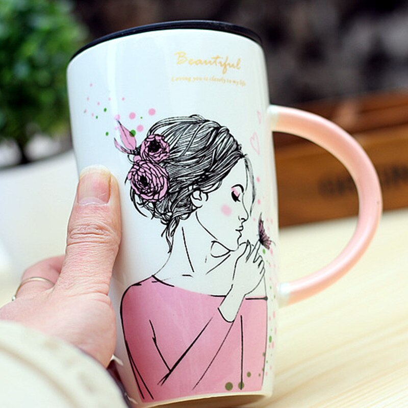 Tecknat mönster keramisk mugg med lock stor kapaci... – Grandado