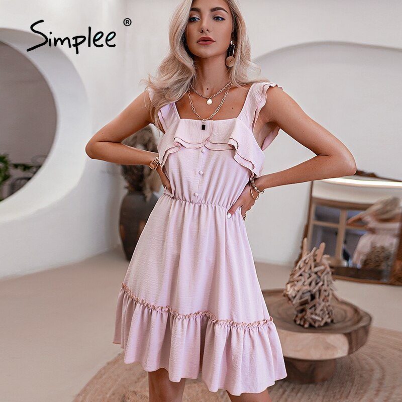 Simplee Ruffle pink retro summer dress women Sleev... – Grandado