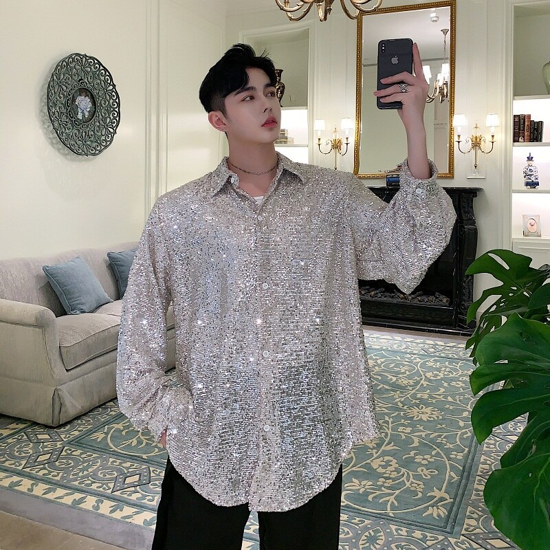 Men Shiny Sequin Long Sleeve Shirt DJ Singer Stage... – Vicedeal