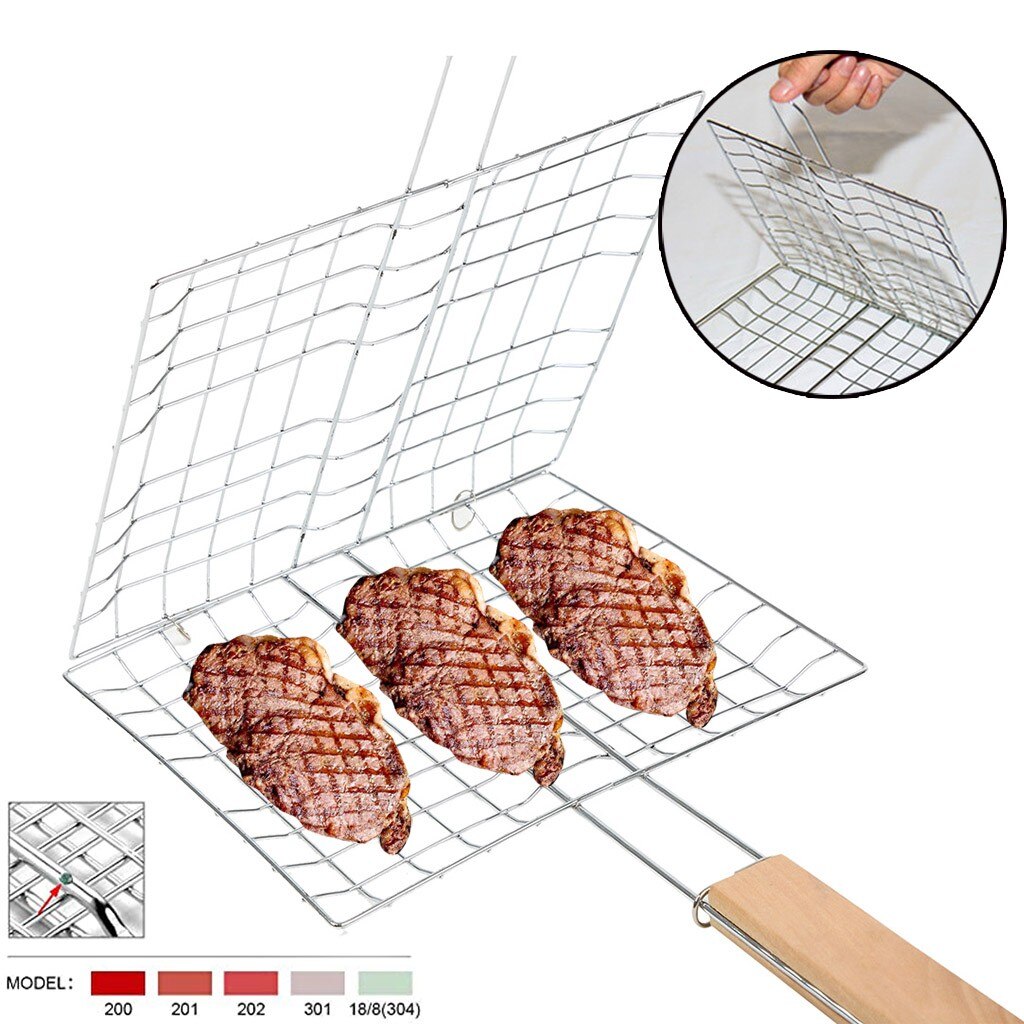 Non-stick Triple Fish Grilling Basket w/ Wood Hand... – Grandado