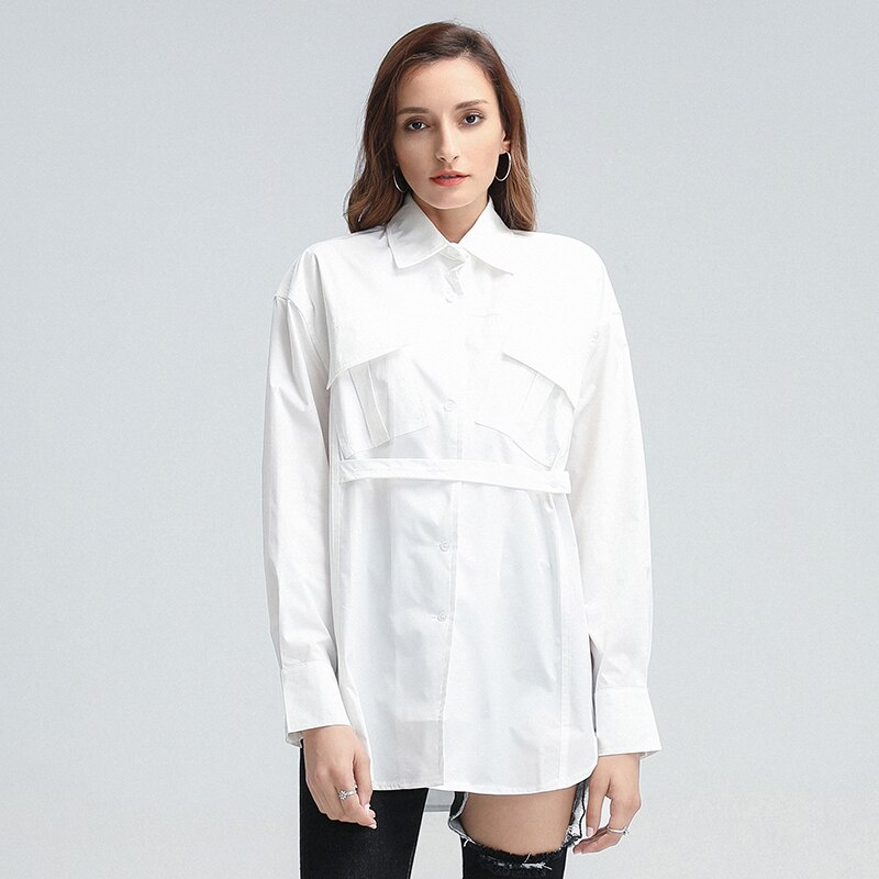 TWOTWINSTYLE Casual Loose Shirt For Women Lapel Lo... – Grandado