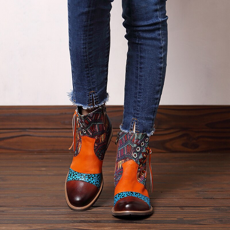 Embossed PU Leather Splicing Fancy Pattern Lace Up... – Grandado