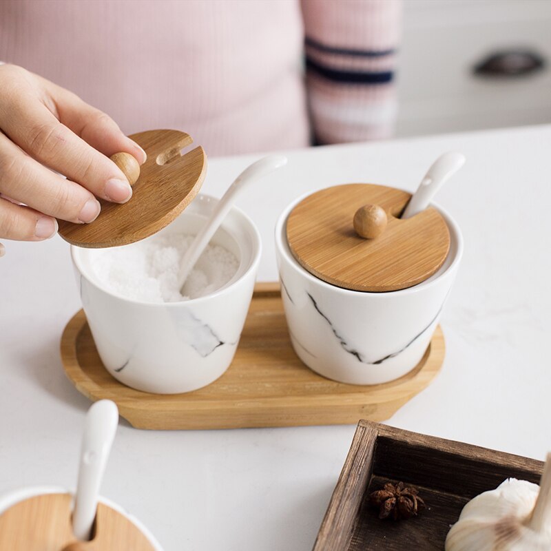 Japanese marbled ceramic seasoning jar set kitchen... – Grandado