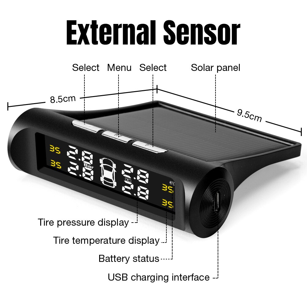 Car Tyre Pressure Monitor Solar TPMS Temperature W... – Grandado