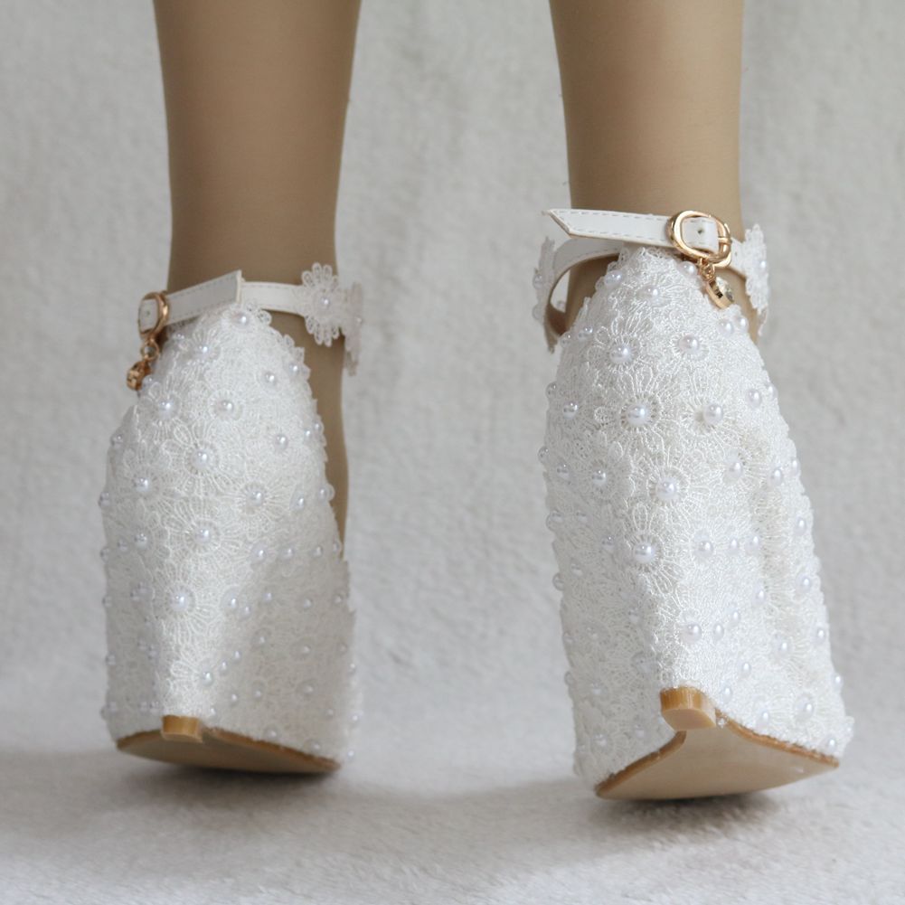 Womens Peals Lace Wedge High Heel Bridal Wedding F... – Grandado