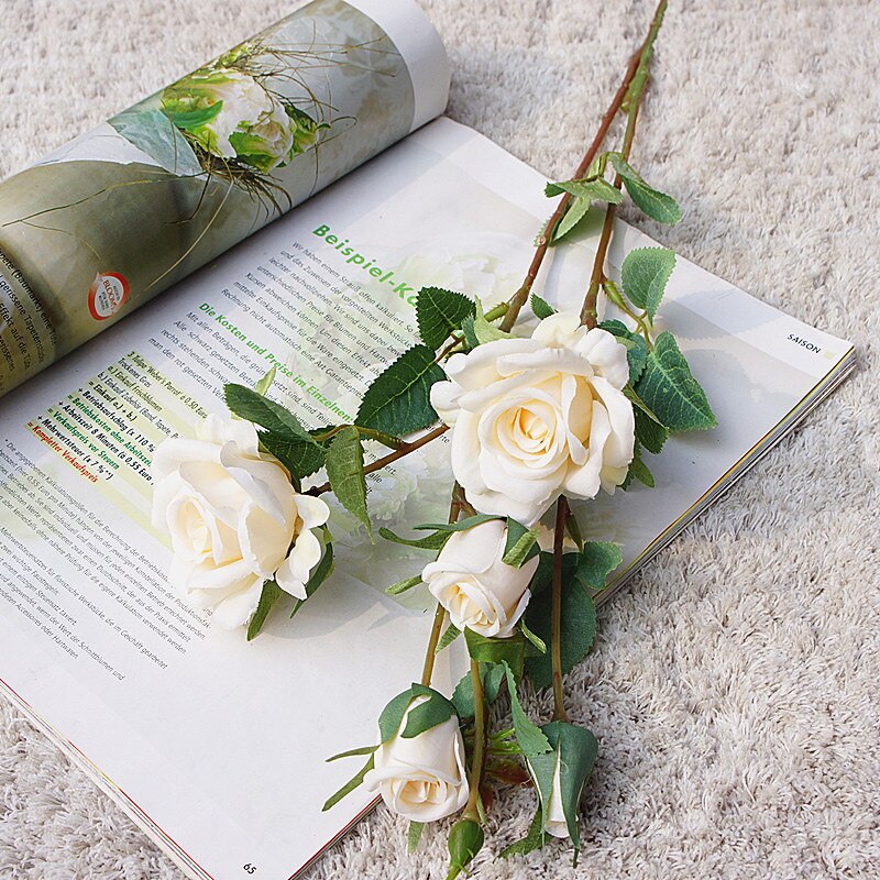 5 heads Beautiful roses branch with leaves silk Ar... – Vicedeal