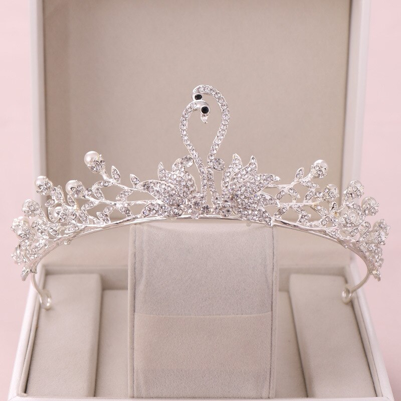 Baroque Swan Silver Crystal Pearl Tiara Crown Brid... – Grandado