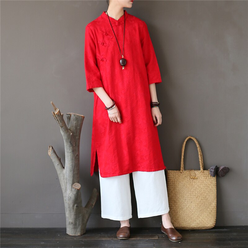 Johnature Spring Vintage Straight Dress Solid Regu... – Grandado