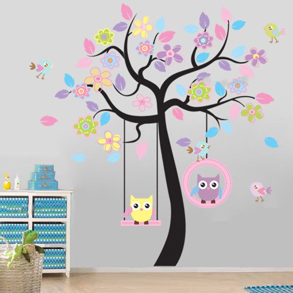 Huge Cute Owls Bird Swing Flower Tree Wall Sticker... – Grandado