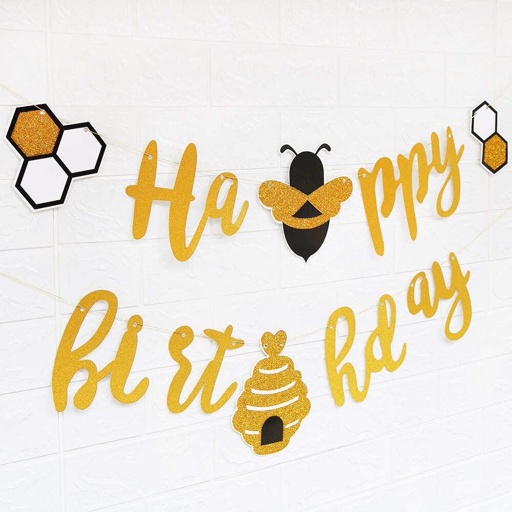 Glitter Golden Bee Theme Happy Birthday Banner Hap... – Grandado