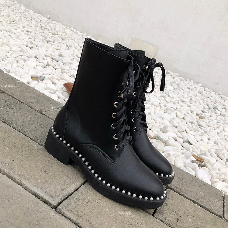 Dxfan lyxig pärla snörning martin boots kvinnor sv... – Vicedeal