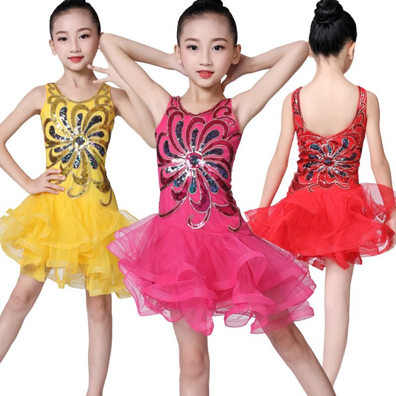 Children's Girl Dance Dress Solid Sequins Mid Mesh... – Grandado