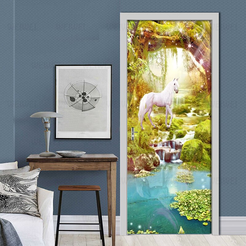 Removable Door Stickers Forest Lake View White Hor... – Grandado