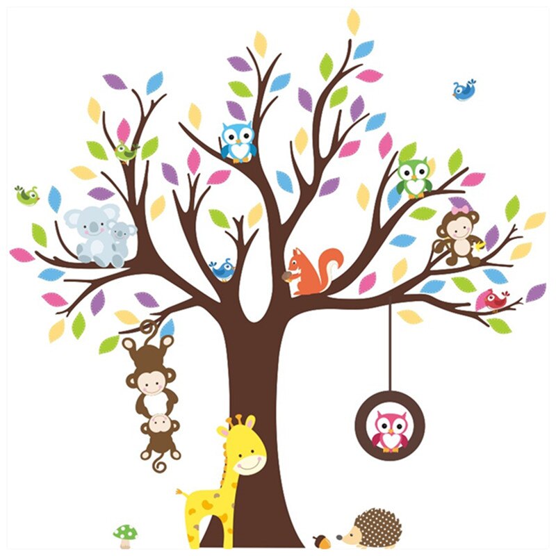 Cartoon Tree wall decals cute Bird Owl Monkey 3d v... – Grandado