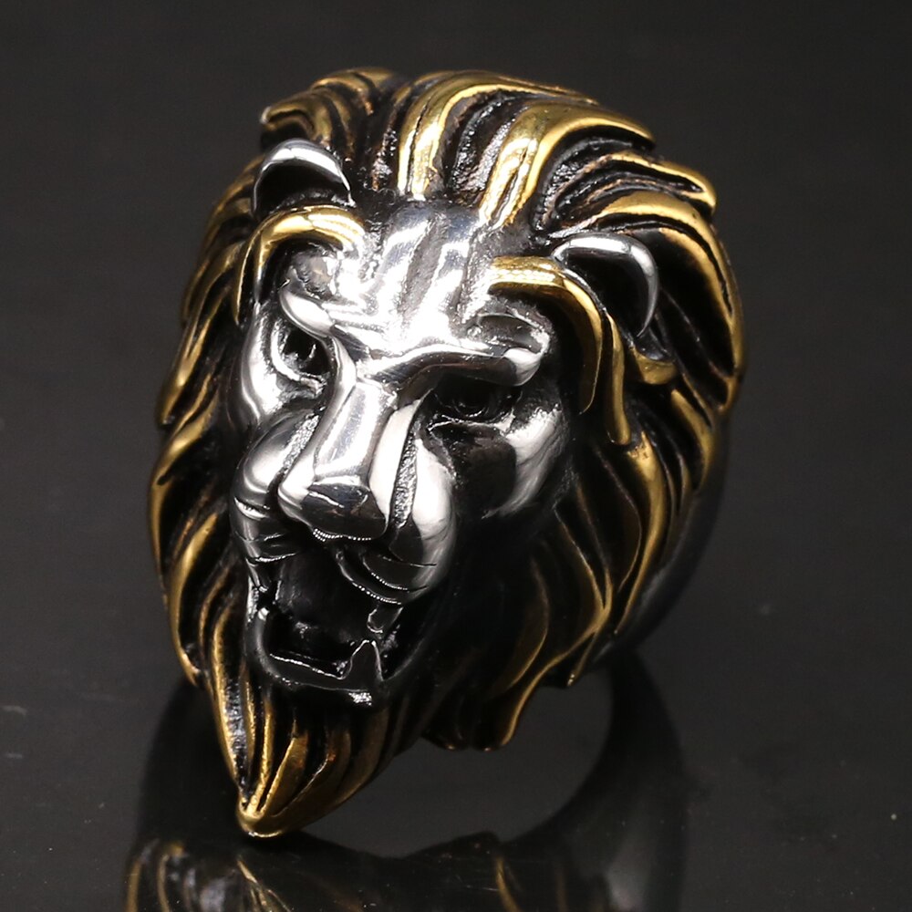 Mens Lion Head Ring Golden 316L Stainless Steel Ma... – Grandado