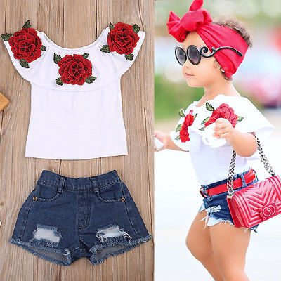 AA Toddler Kids Baby Girls 3D Flower Tops Denim Pa... – Vicedeal