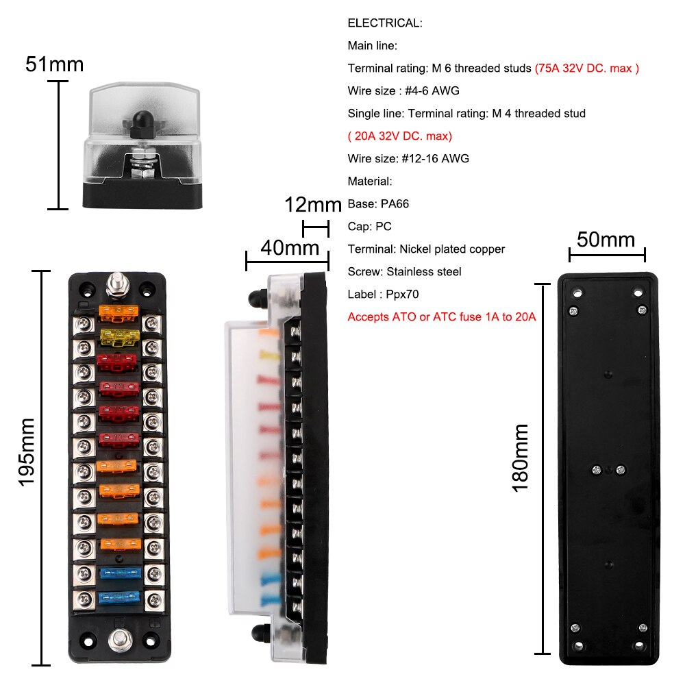 6 Ways 12 Ways 32V 75A Fuse Box Blade Fuse Block F... – Vicedeal
