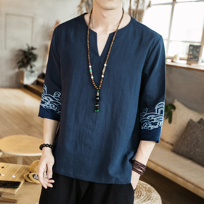 Traditional Chinese Top for Man Retro V-neck Half ... – Vicedeal