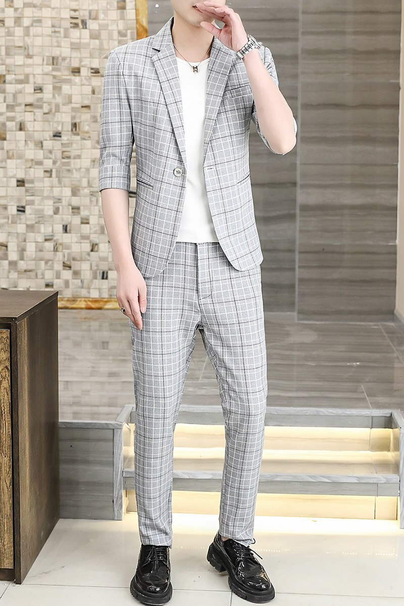 Summer seven-quarter sleeve checked suit for men s... – Grandado