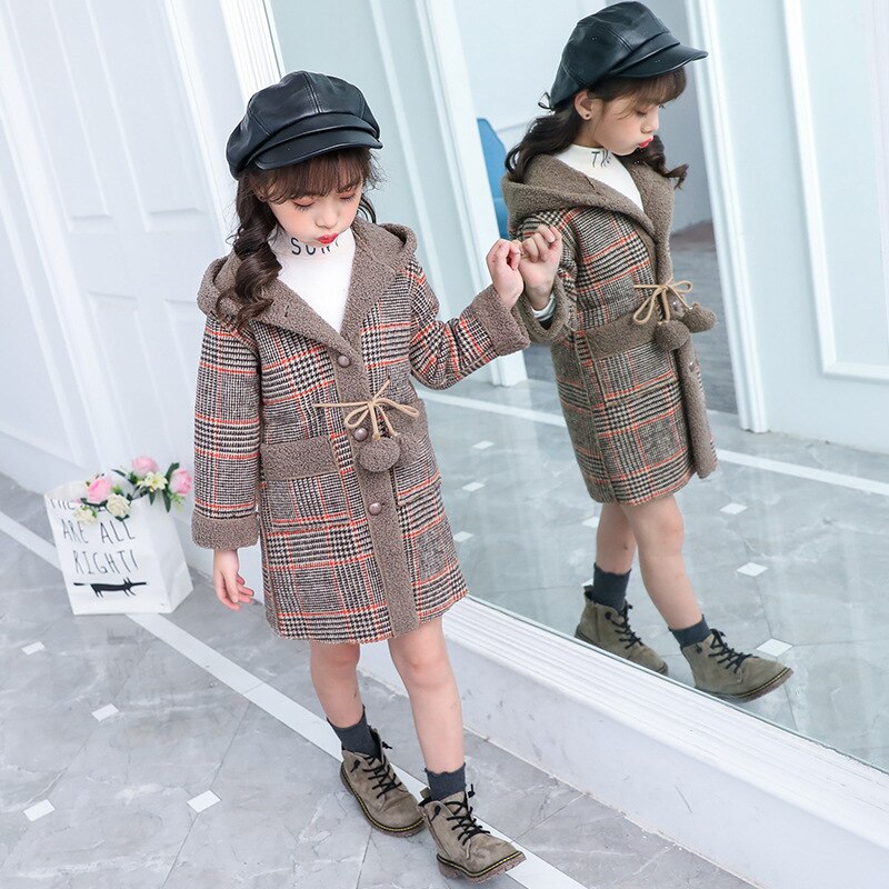Plaid Children Woolen Coat Winter Kids Girl Overco... – Vicedeal