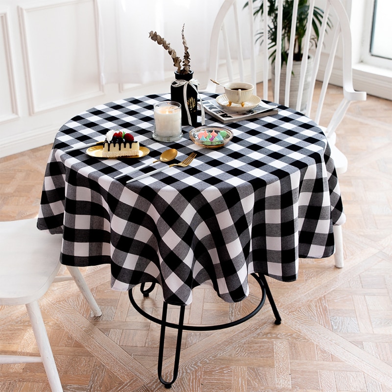 Fabric Cotton Linen Round Plaid Tablecloth Black P... – Grandado
