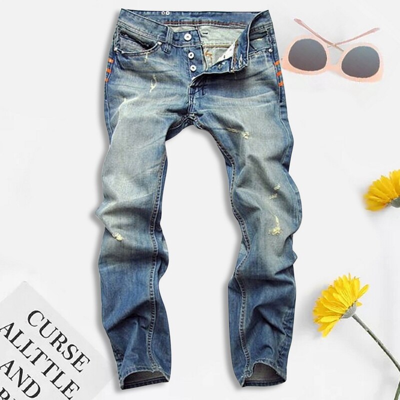 Men's Light Blue Distressed Washed Denim Jeans Vin... – Grandado