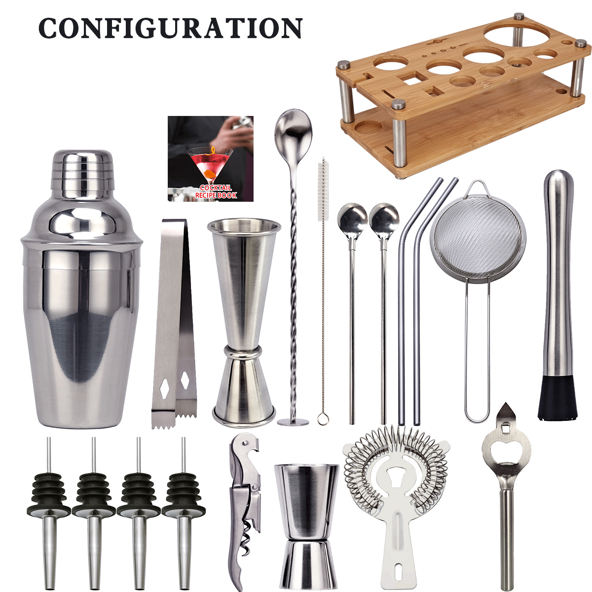 Barman Kit, Cocktail Shaker Set Bamboe Stand, 20 S... – Grandado