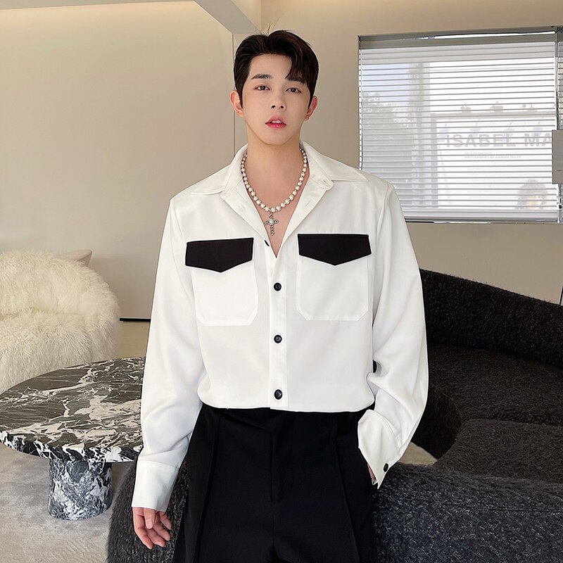 Korean Show Large Pocket Shoulder Pad Shirt Men St... – Grandado