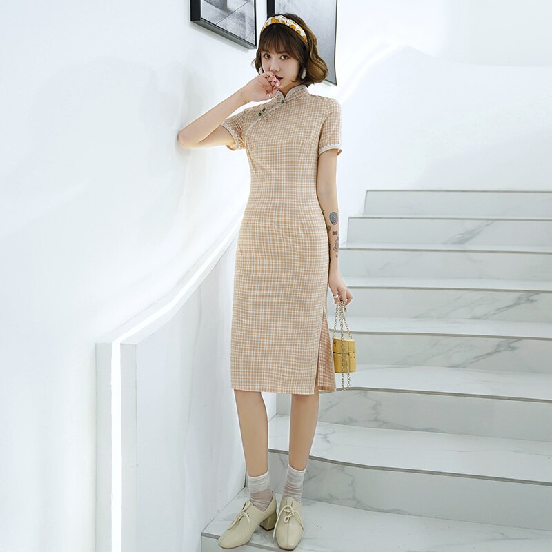 Cream-coloured Plaid Chinese Qipao Dress Cotton Kn... – Grandado