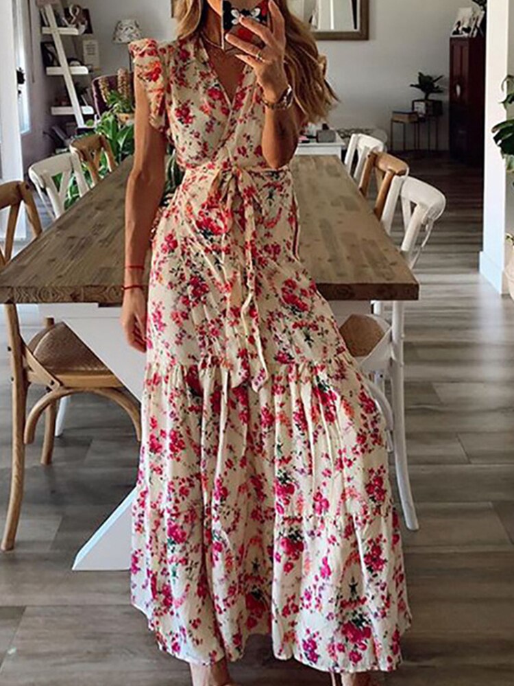 Boho Floral Print V Neck Long Beach Dress Frill Be... – Grandado