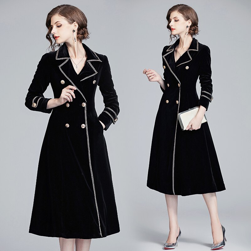 Women Golden Button Double-Breasted Velvet Trench ... – Grandado