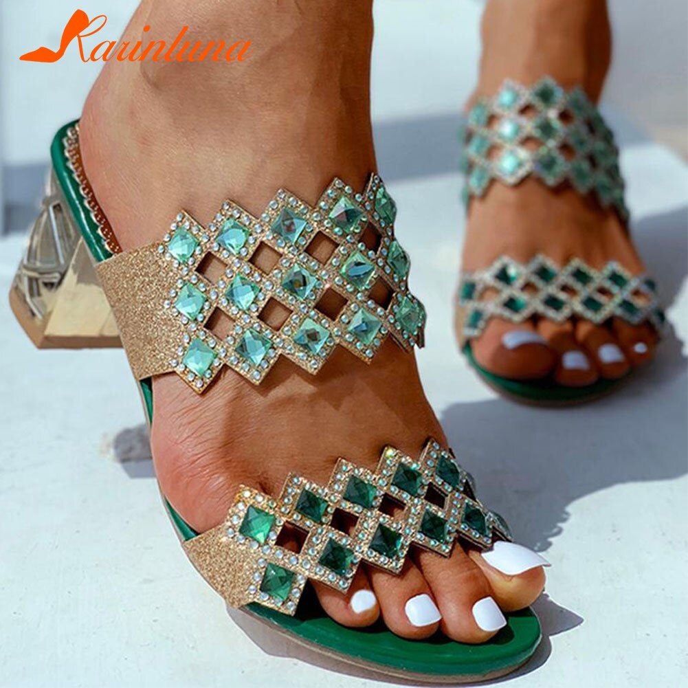 Karinluna Leisure square heels Bling Crystals Summ... – Grandado