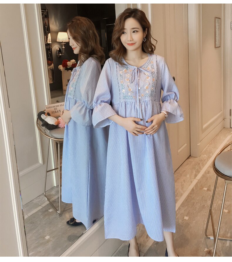 Floral Embroidery Striped Cotton Maternity Dress S... – Grandado