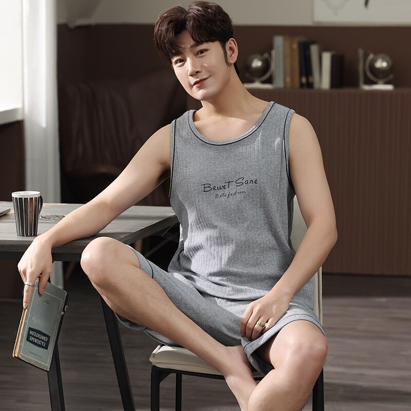 Summer Knitted Cotton Men Pajamas Set Vest Men'... – Vicedeal