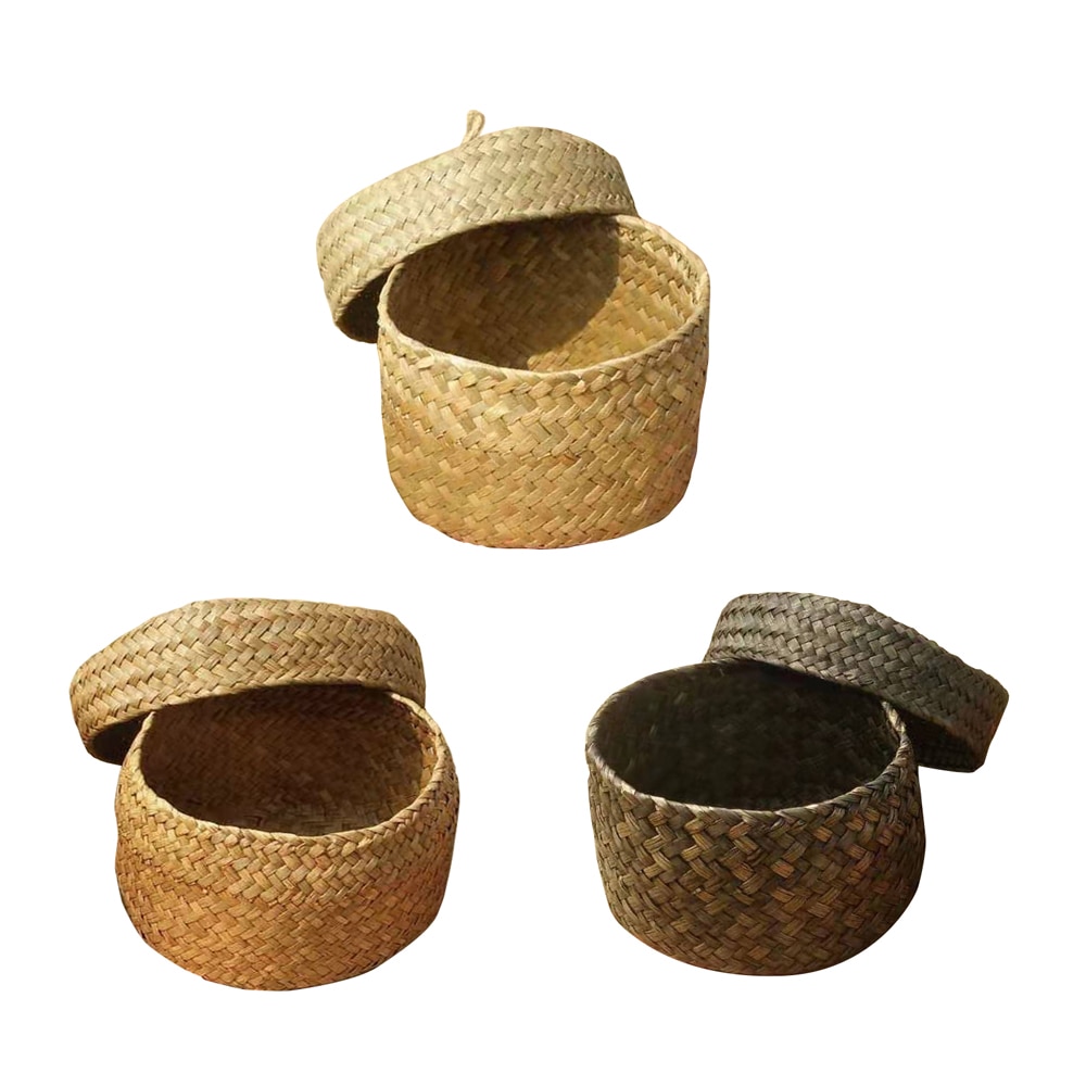 Willow Straw Storage Basket With Lid Round Desktop... – Grandado