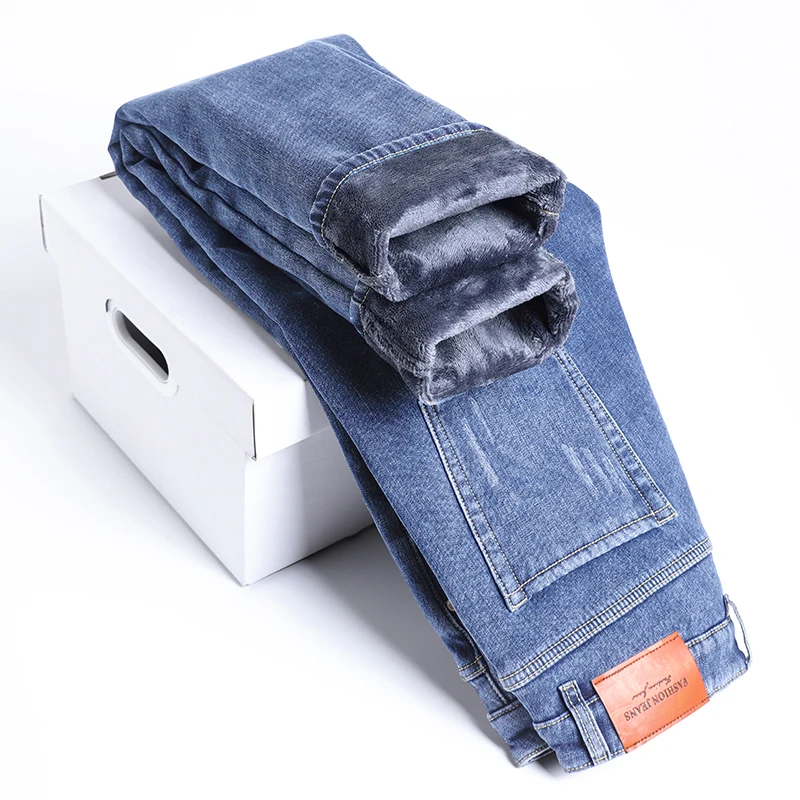 4 Colors Winter Men’s Fleece Warm Jeans Slim Stret... – Grandado