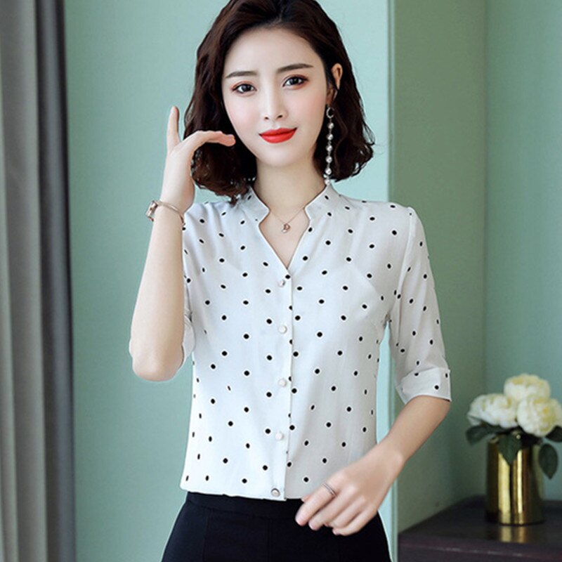 women Half sleeve dot cotton shirt summer formal V... – Grandado