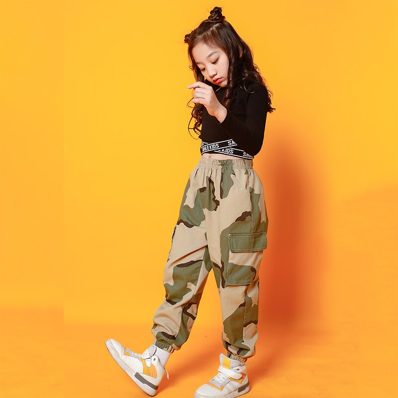Kids Hip Hop outfits Black Swearshirt Camouflage P... – Grandado