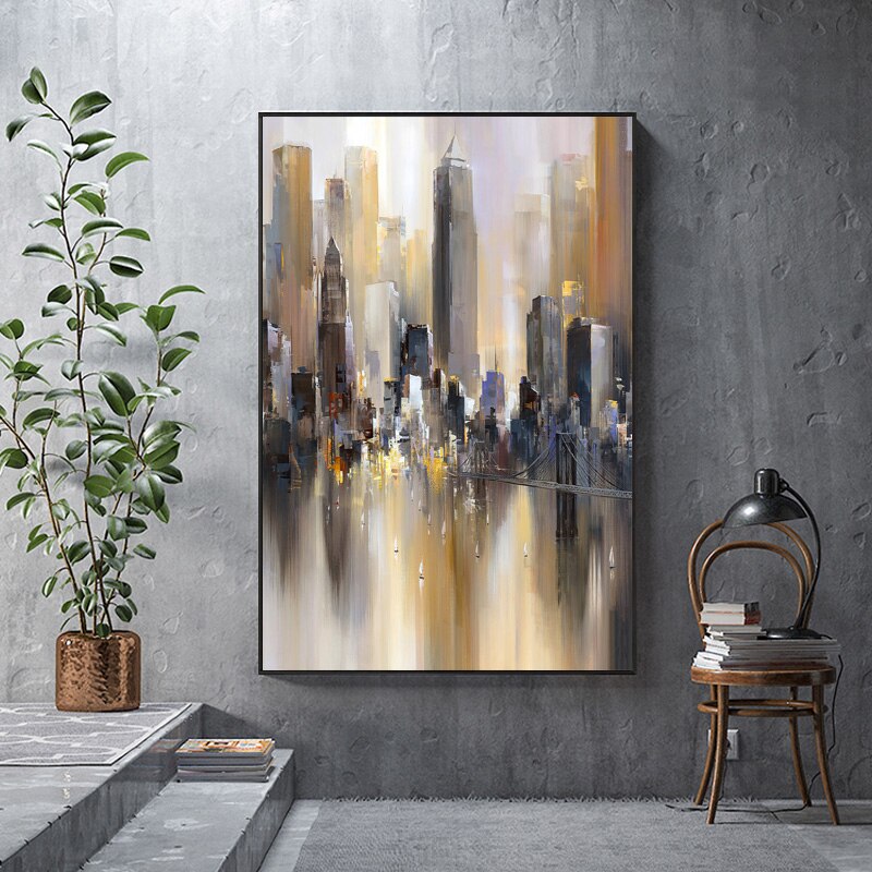 Abstract City Building Canvas Painting Black White... – Grandado