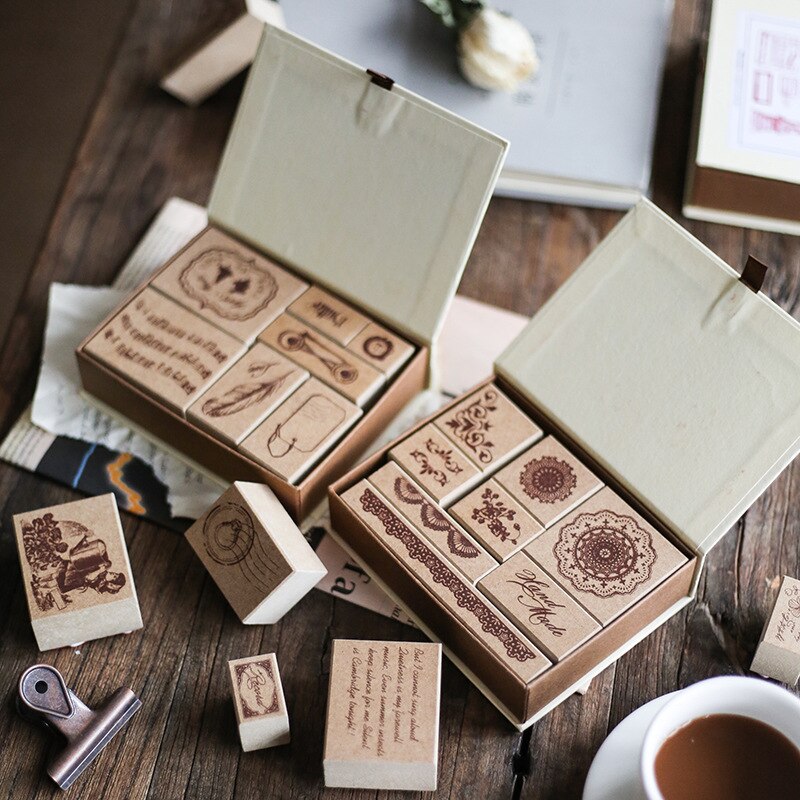 Vintage Houten Rubber Stempel Set Veren Kant Bladm... – Grandado
