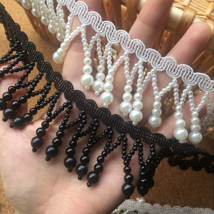 Beaded lace trim black white pearl hanging lace ta... – Grandado