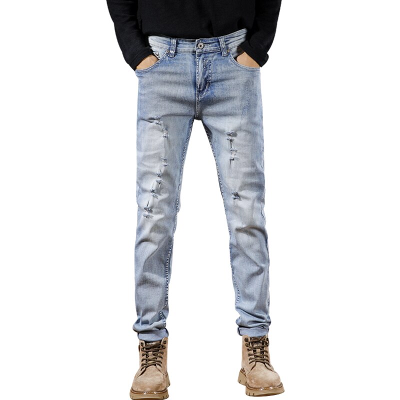 Ripped Jeans Men Light Blue Stretch Slim Straight ... – Vicedeal