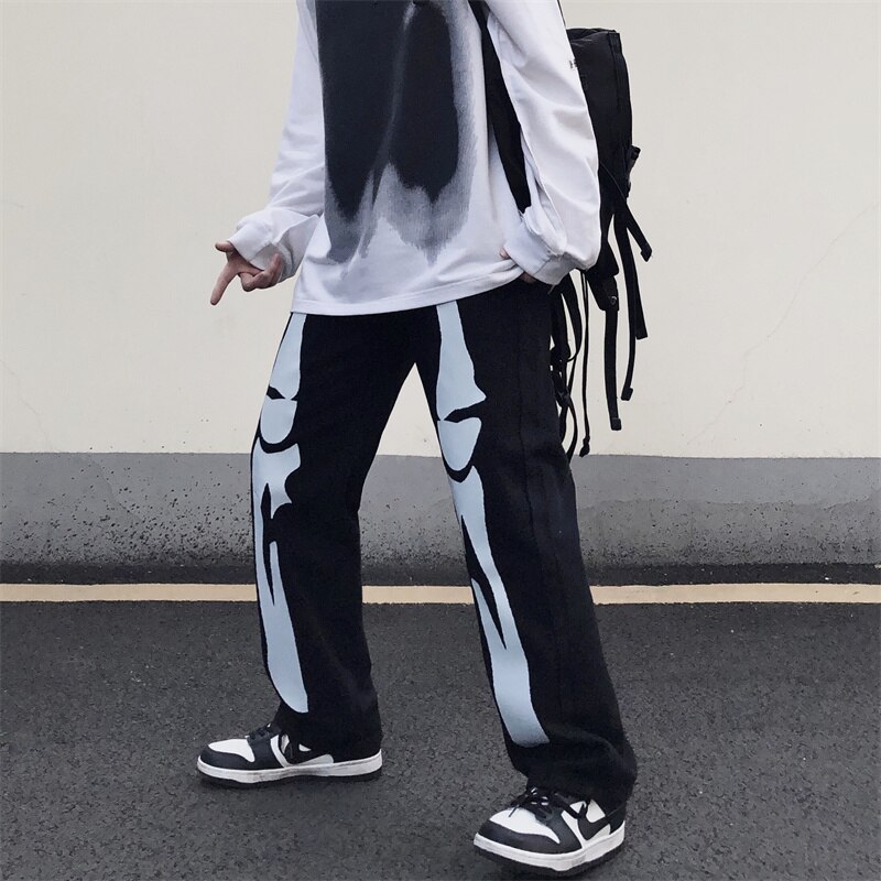 Aesthetic Grunge Jeans Men Skeleton Print Straight... – Grandado
