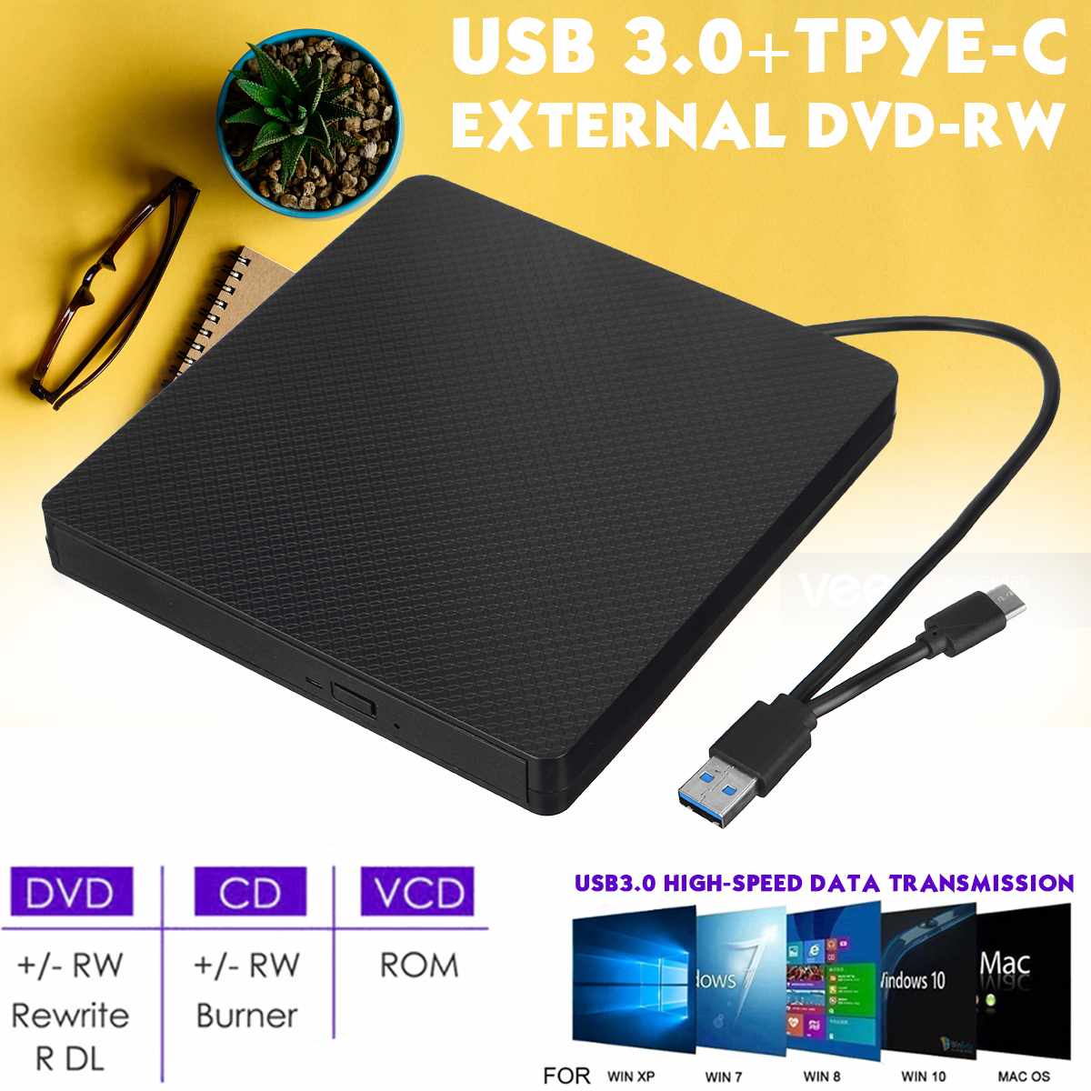 External DVD Drive Optical Drive USB 3.0 Type-C CD... – Vicedeal