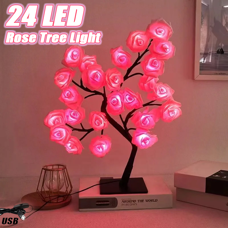 24 LED Rose Tree Lights USB Plug Table Lamp Fairy ... – Grandado